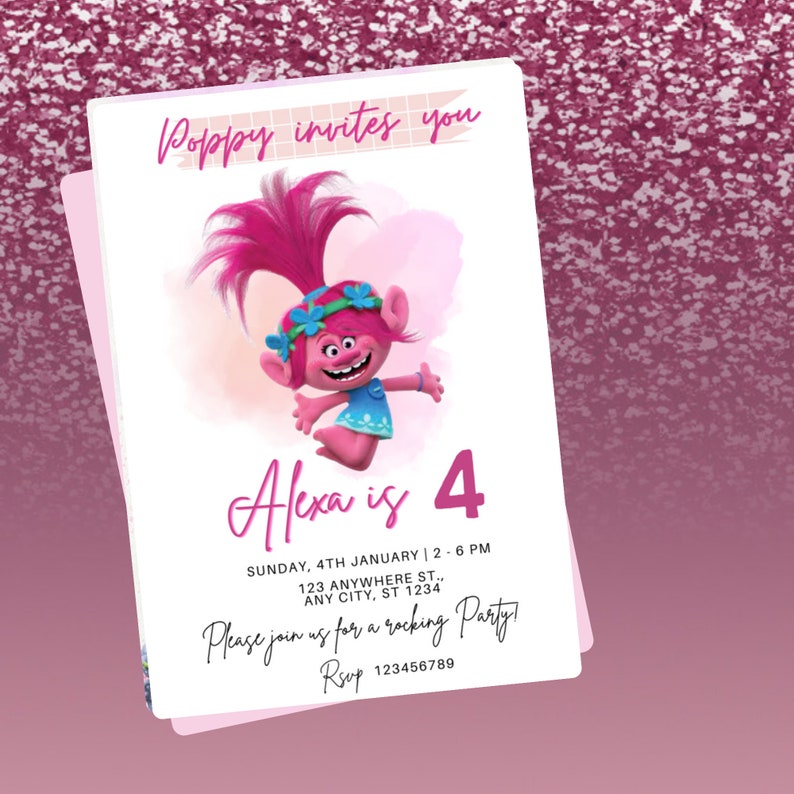 Princess Poppy Invite, Trolls Invitation, Trolls Kids Birthday Party ...