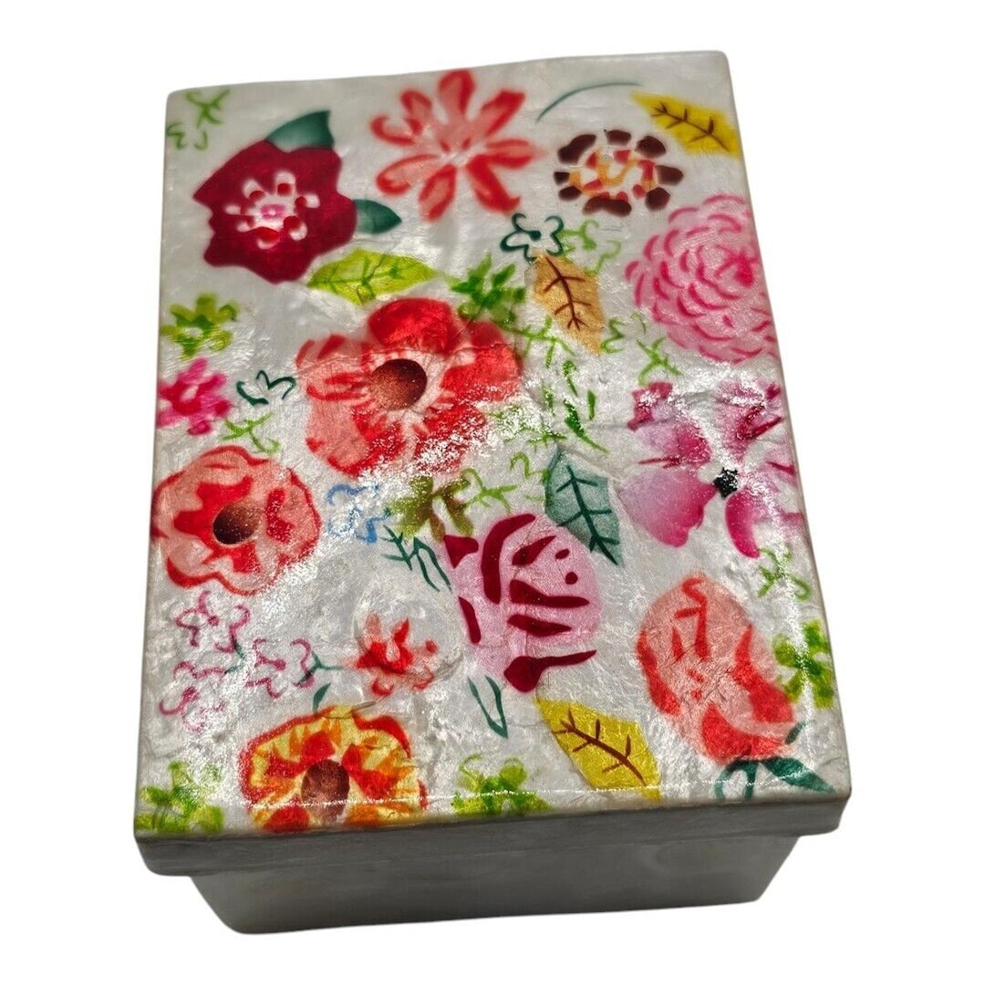 Capiz Oyster Mother of Pearl Shell Box Red Pink Floral Design Lid ...