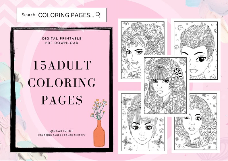15 Adult Coloring Pages Faces Coloring Color Theraphy - Etsy