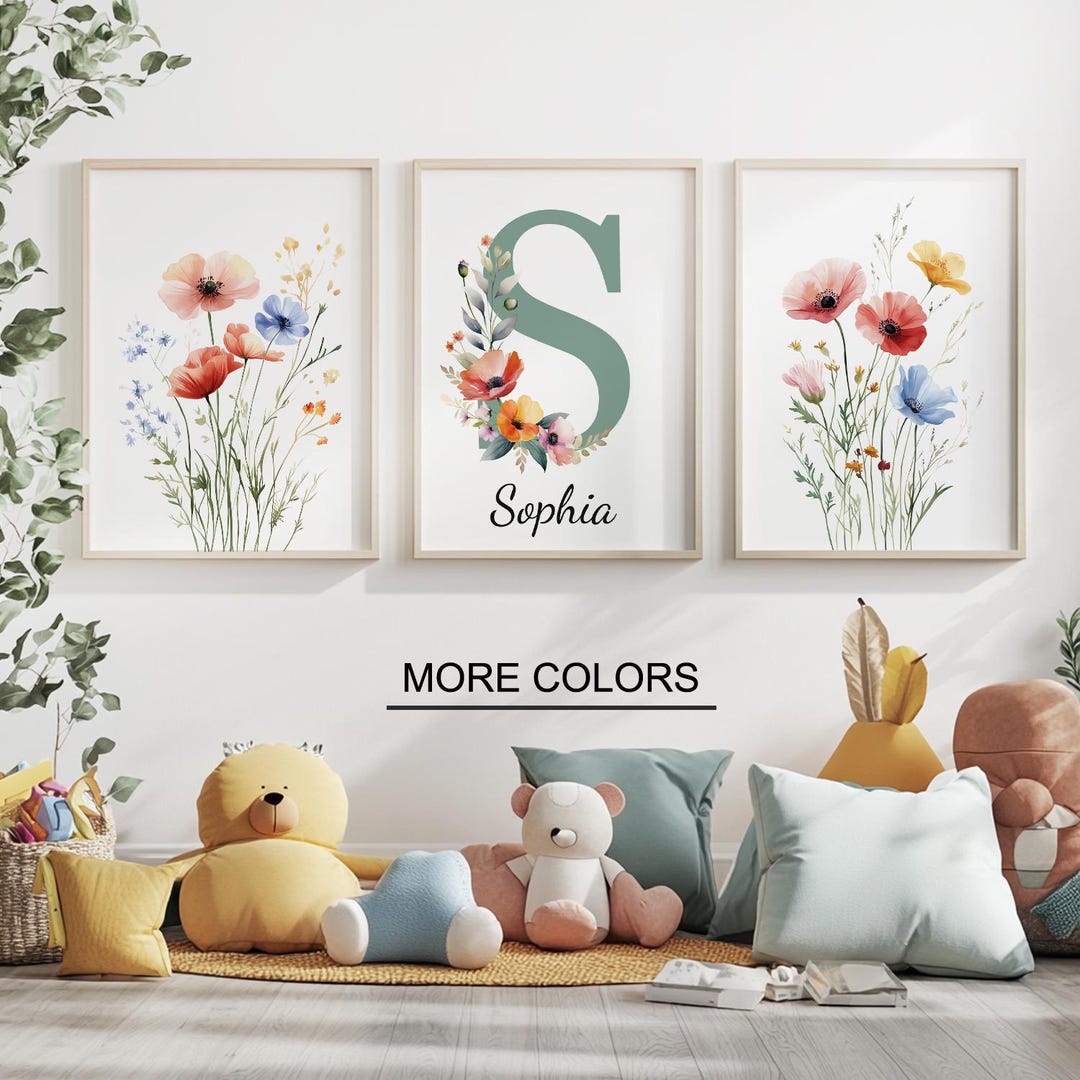 Baby Name Signature Wildflowers Art. Custom Floral Nursery Set of 3 ...