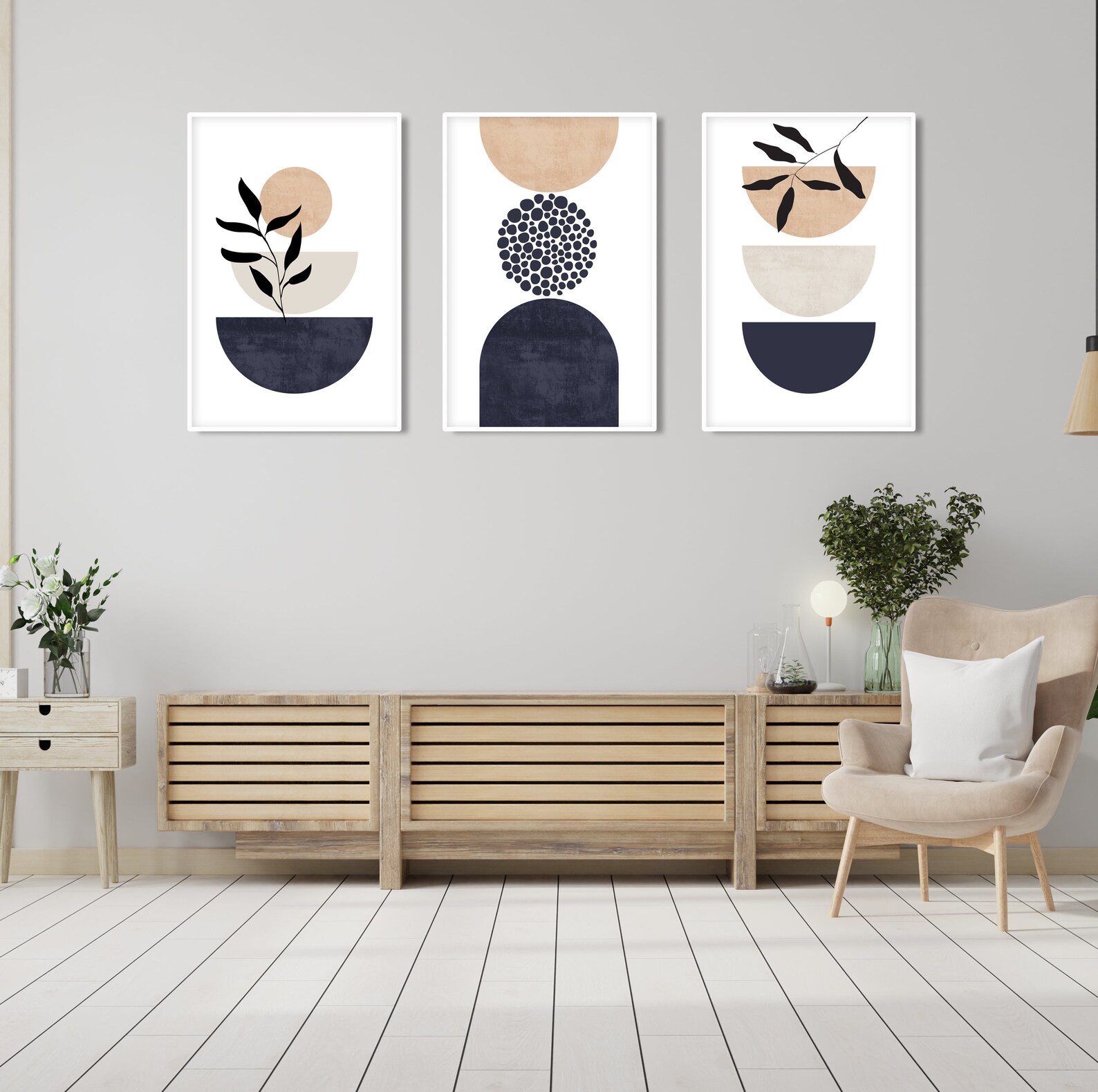 Printable Navy Blue Beige Mid Century Modern Wall Art Set of 3 - Etsy