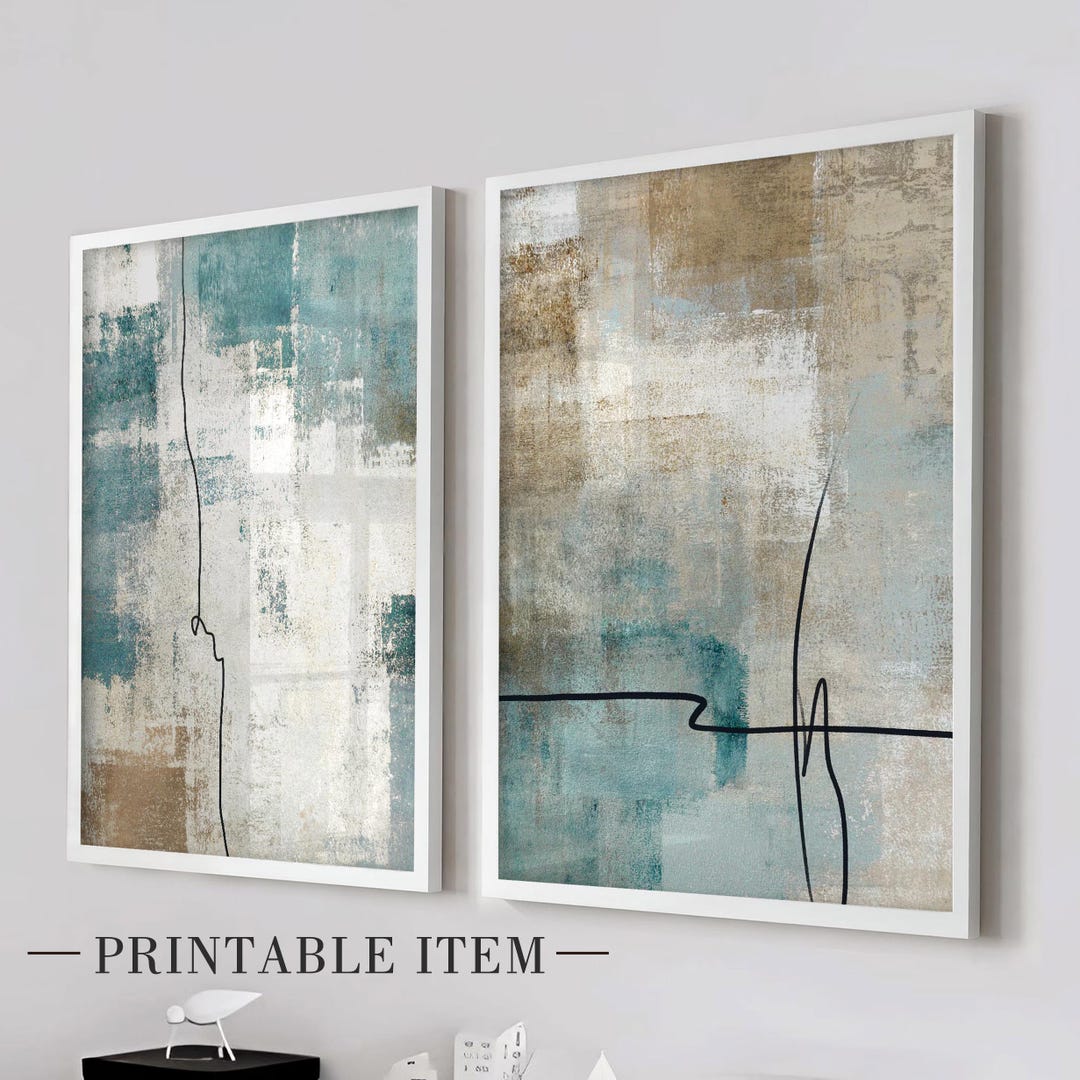 Printable Blue Beige Abstract Nordic Art Set of 2. Pastel Minimalist ...