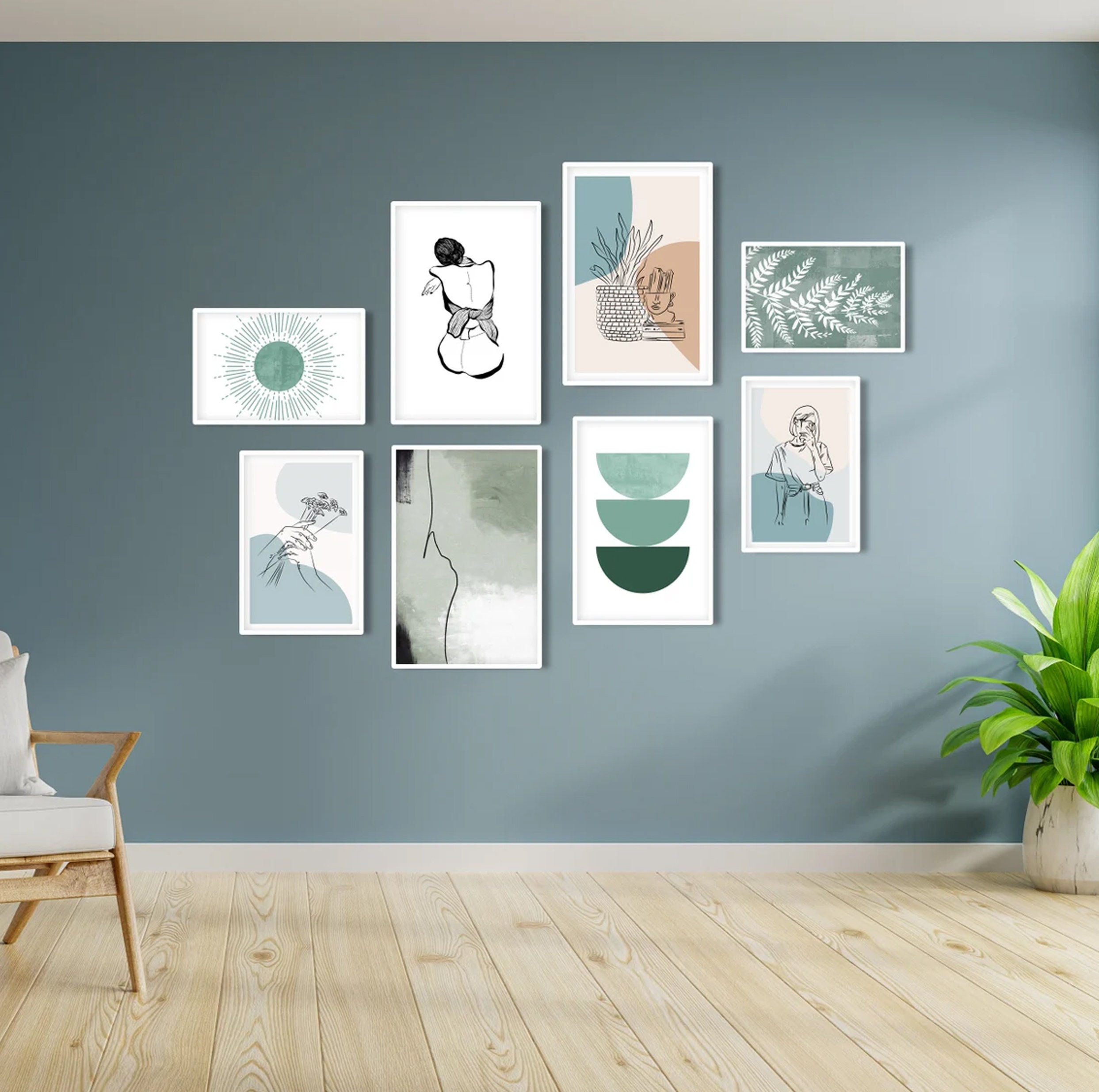 Neutral Boho Sage Green Blue Set of 8 Digital Prints. Pastel - Etsy