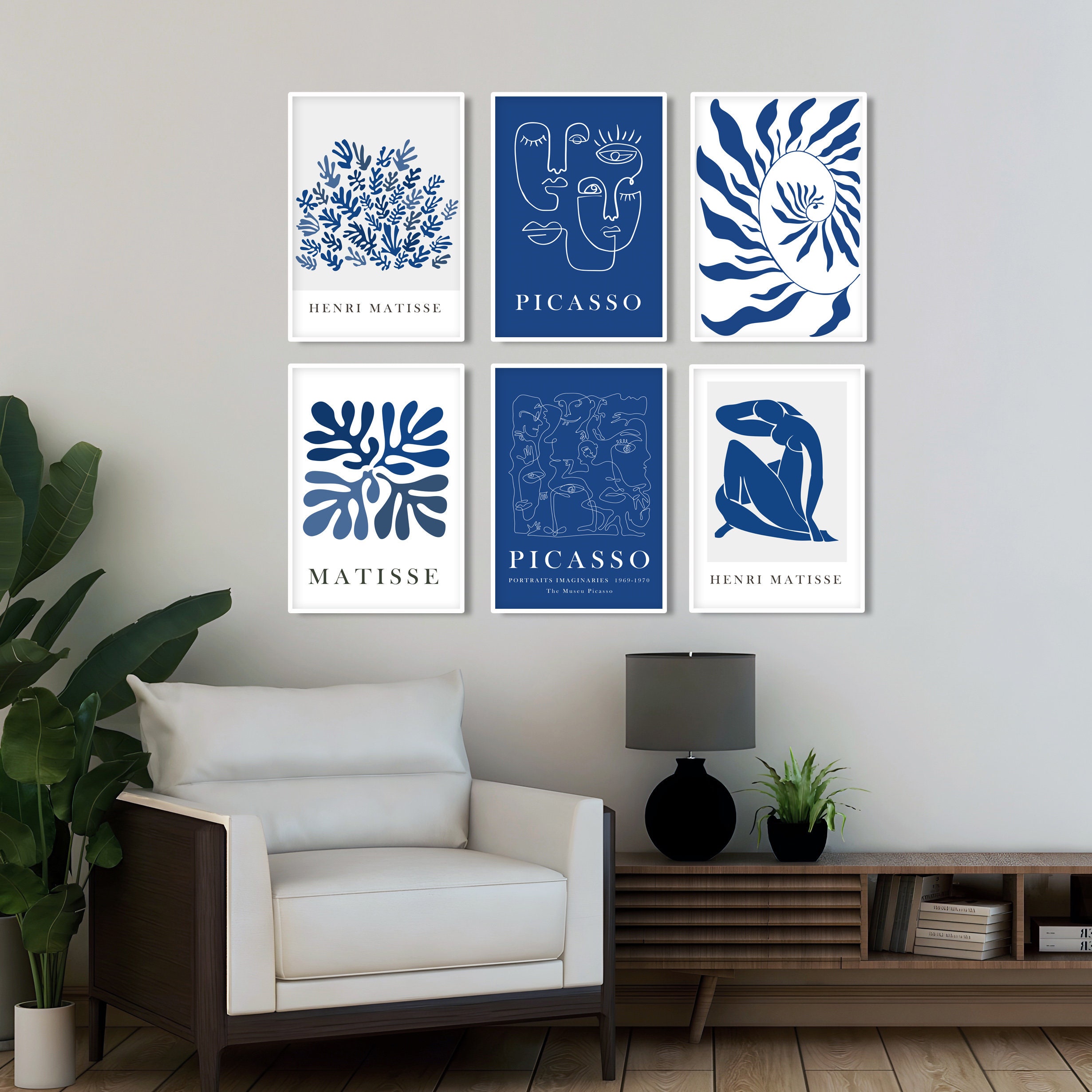Navy Blue Matisse, Picasso Wall Art Set of 6 Prints. Bohemian Abstract ...