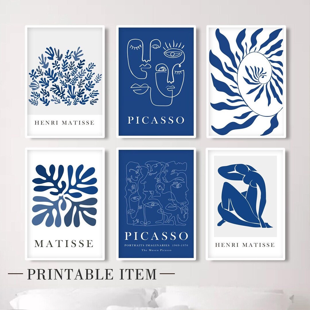 Navy Blue Matisse, Picasso Wall Art Set of 6 Prints. Bohemian Abstract ...