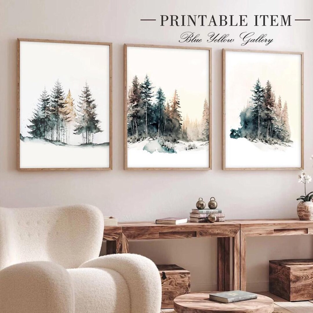 Printable Abstract Nordic Pine Forest Landscape Set of 3. Watercolor ...