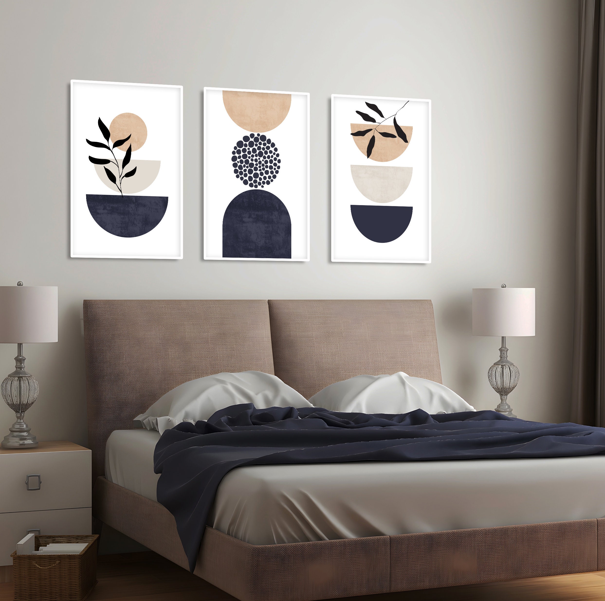 Printable Navy Blue Beige Mid Century Modern Wall Art Set of 3 - Etsy