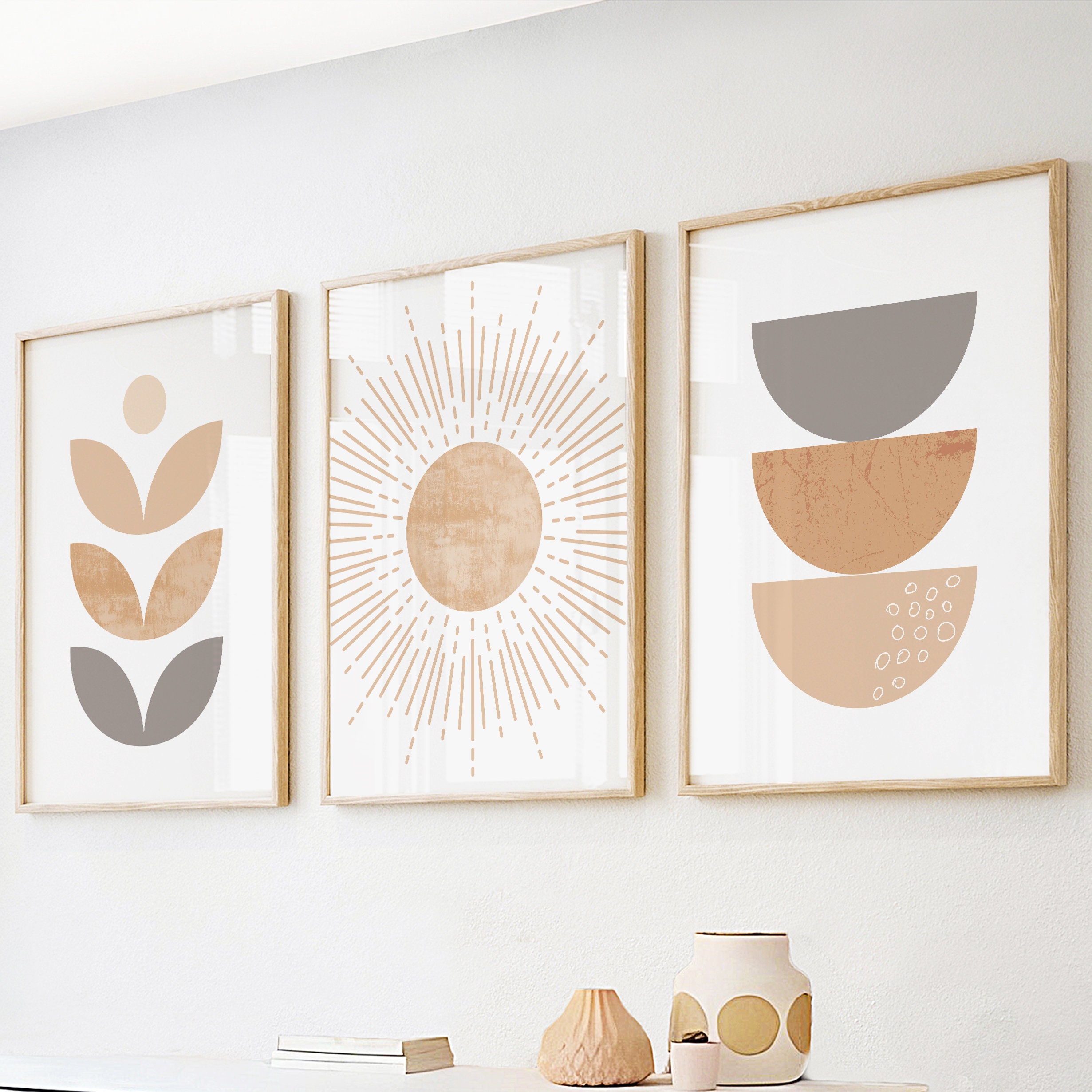 Neutral Beige Mid Century Modern Wall Art Set of 3 Print. Bohemian Pastel Abstract Gallery Wall ...