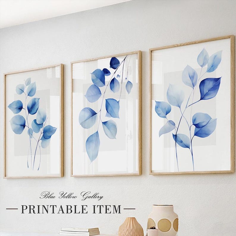 Navy Blue Leaves Printable Art Set of 3. Modern Abstract Botanical ...