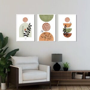 Terracotta Green Mid Century Modern Wall Art Set of 3 Prints. Bohemian ...