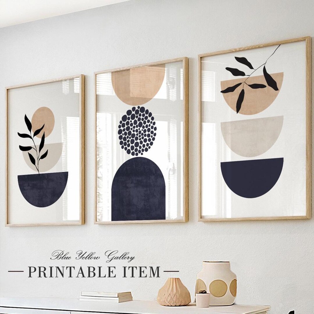 Printable Navy Blue Beige Mid Century Modern Wall Art Set of 3 Print ...