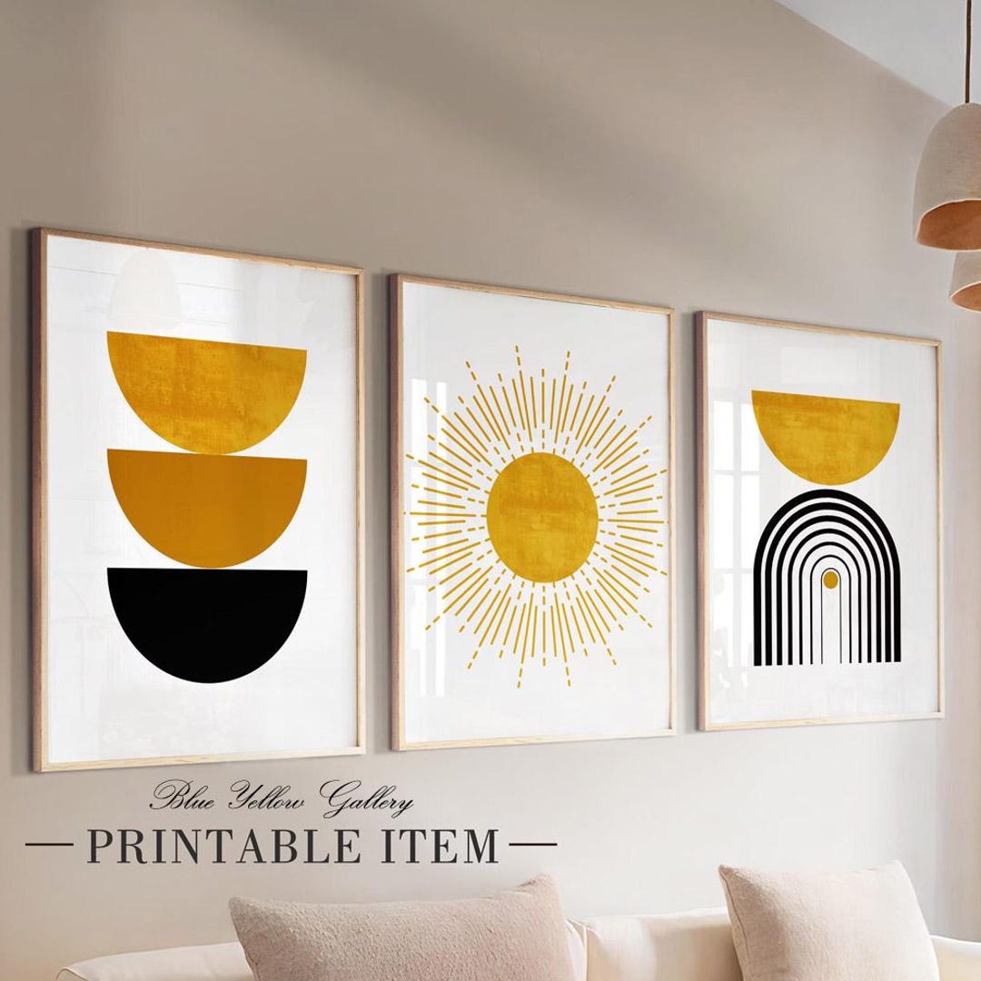 Mid Century Modern Abstract Wall Art Set, Black Mustard Yellow Prints ...