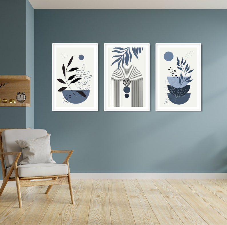 Navy Blue Mid Century Modern Wall Art Set of 3 Print. Bohemian - Etsy