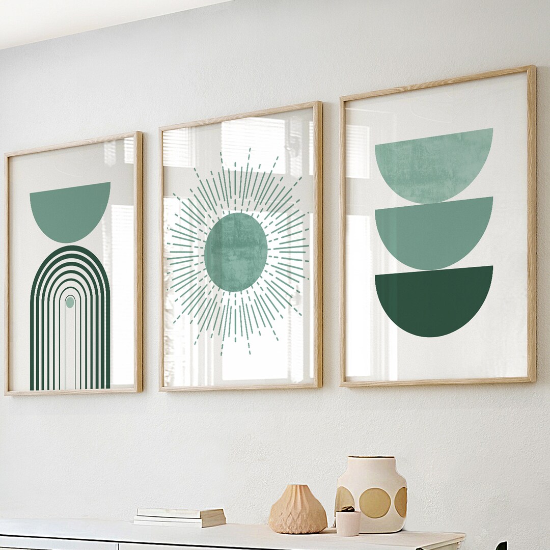 Sage Green Modern Boho Printable Art Set of 3. Mid Century Abstract ...