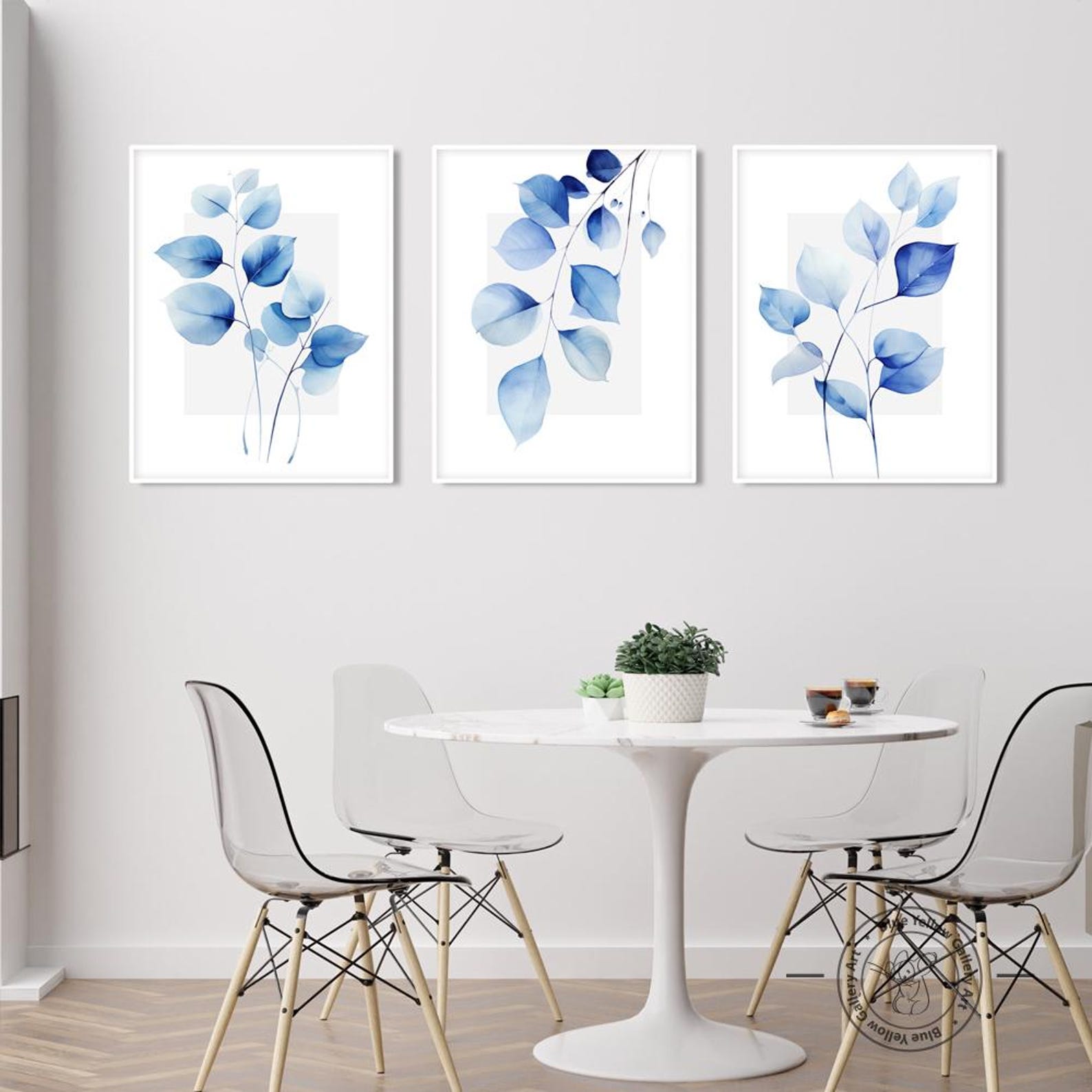 Navy Blue Leaves Printable Art Set of 3. Modern Abstract Botanical ...