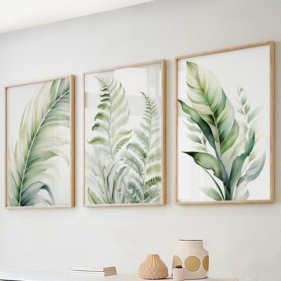 Modern Tropical Greenery Gallery Wall Art Set of 3 Prints. Green Palm Leaves Printable Art ...