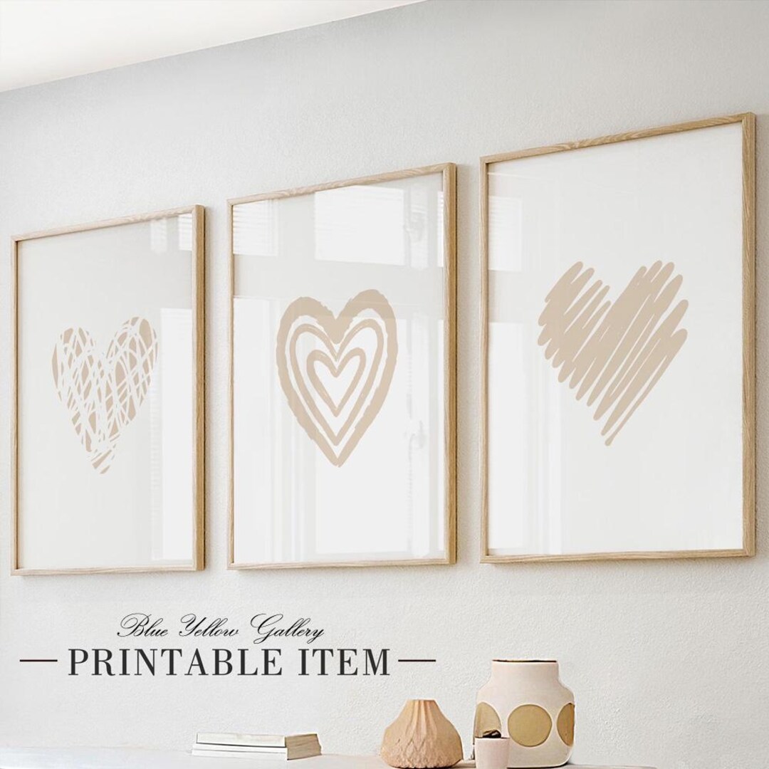 Neutral Beige Love Heart Bedroom Printable Art Set of 3, Minimalist ...