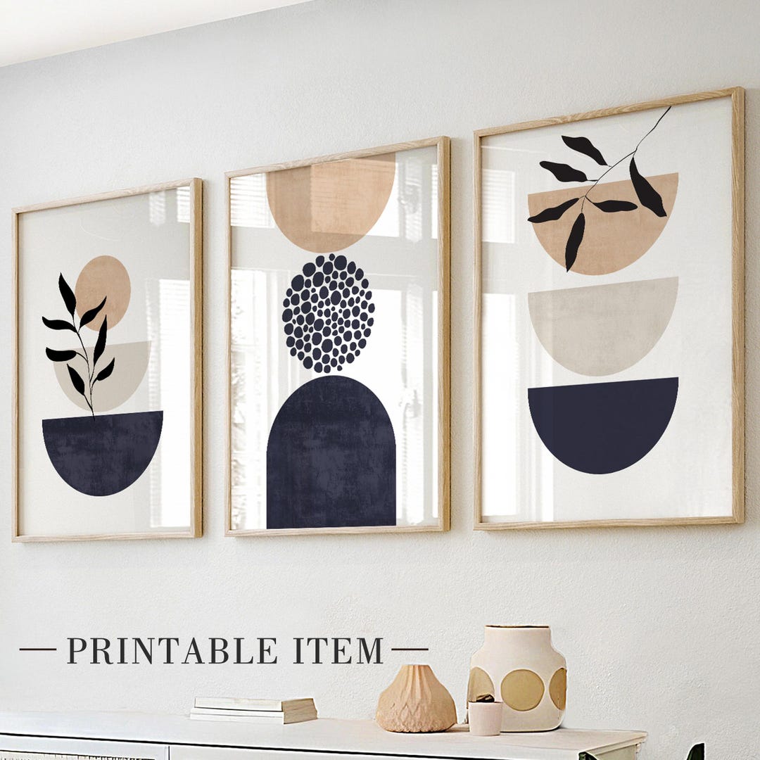 Printable Navy Blue Beige Mid Century Modern Wall Art Set of 3 Print ...