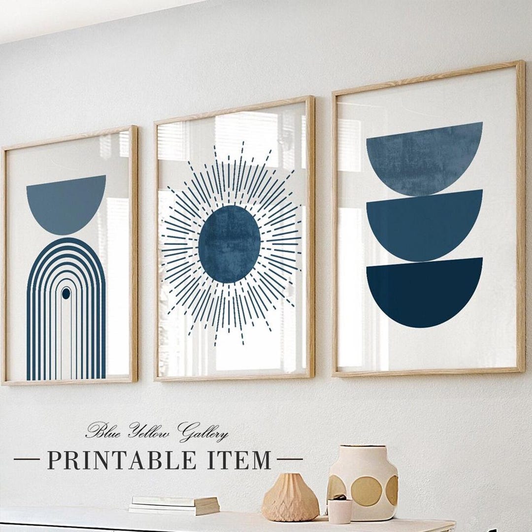 Navy Blue Mid Century Modern Wall Art Set of 3 Print. Bohemian ...