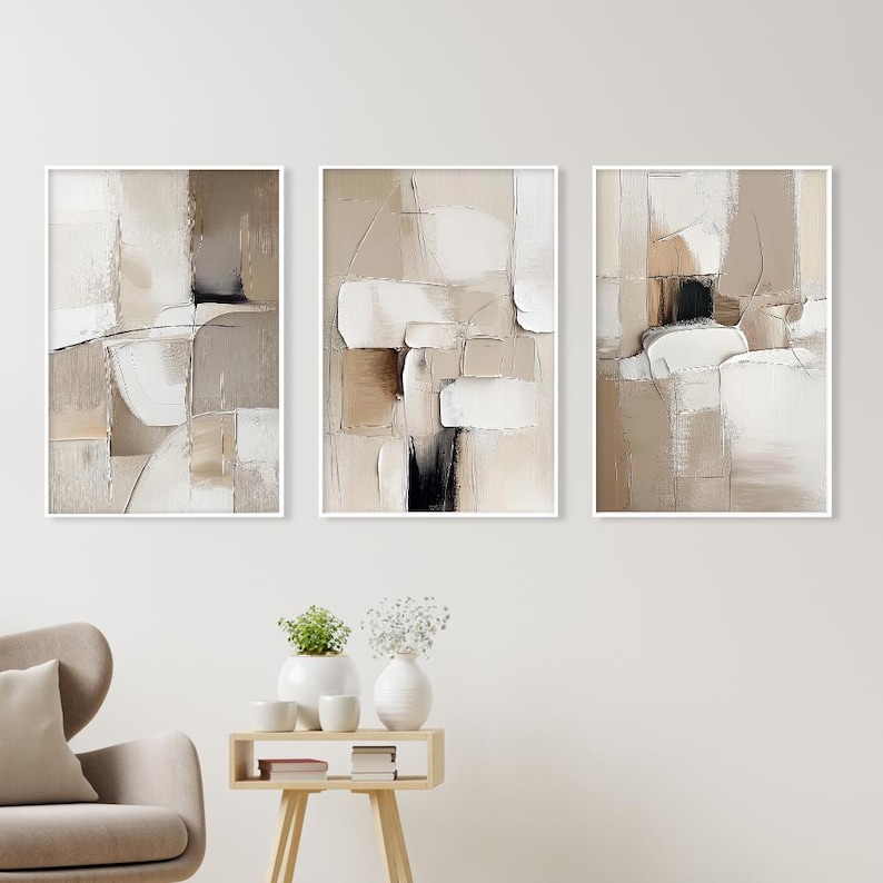 Neutral Abstract Gallery Wall Set, Beige Black Minimalist Wall Art Set ...