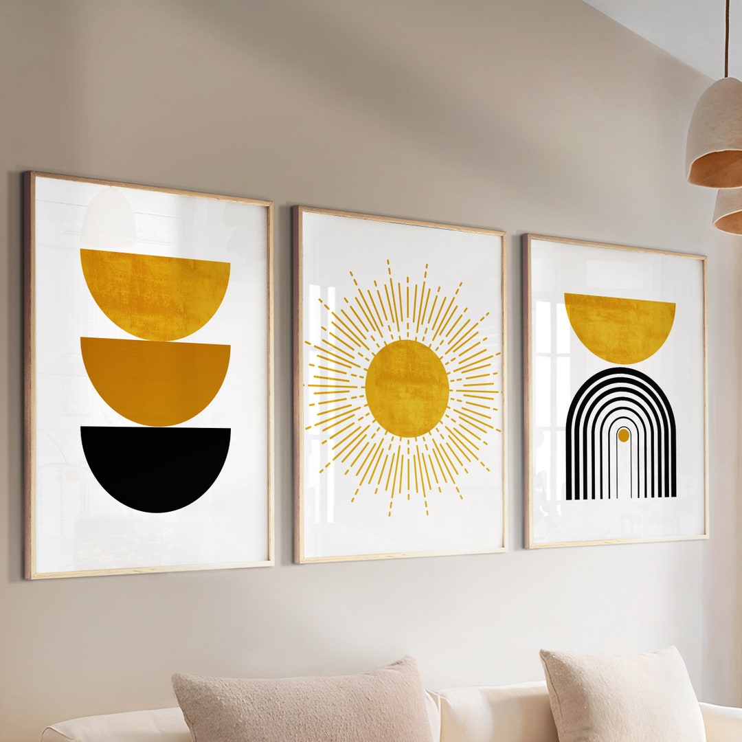 Black Mustard Yellow Abstract Mid Century Modern Wall Art Set of 3 ...
