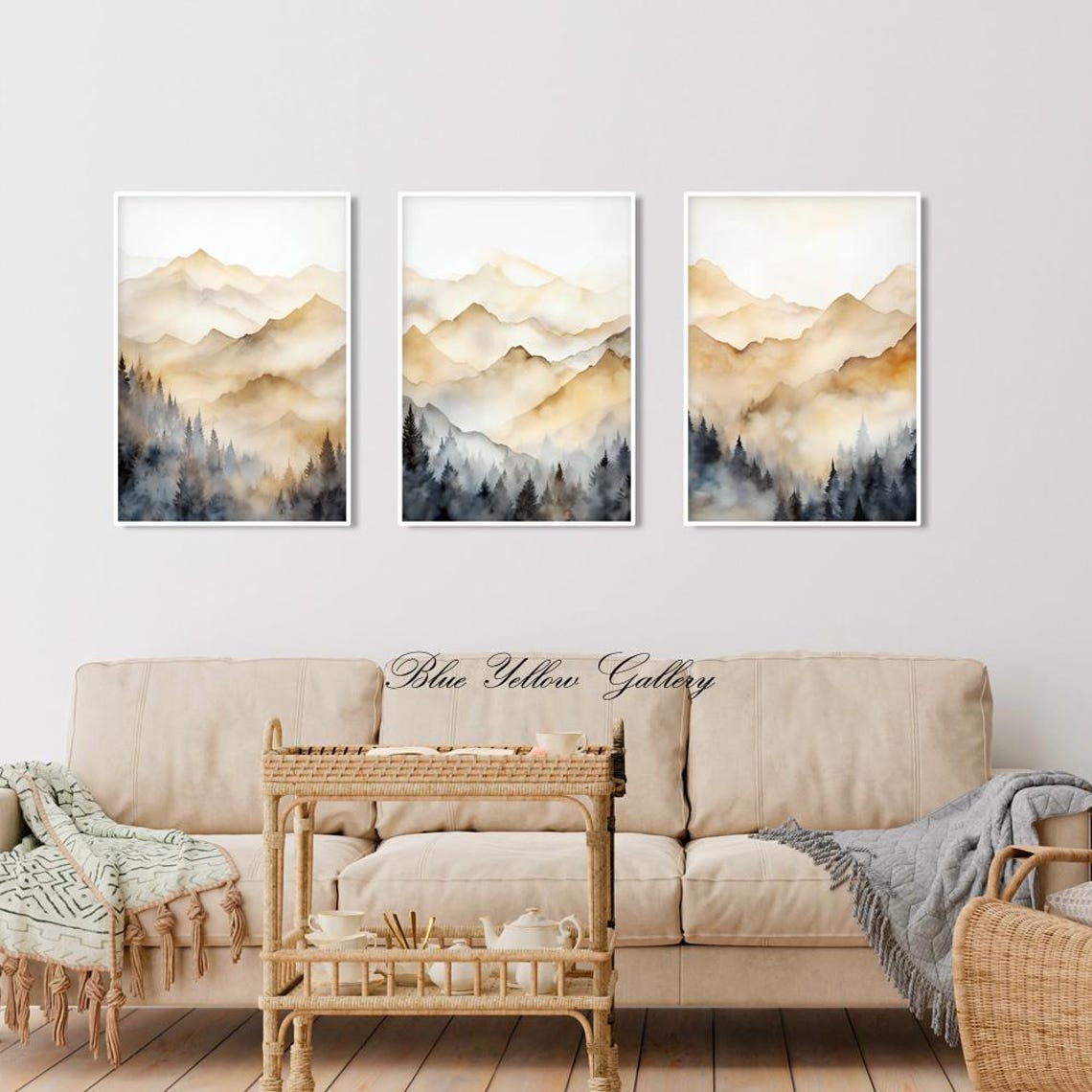 Neutral Beige Abstract Mountains Print Set of 3. Mid Century Modern ...