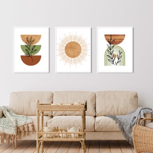 Green Terracotta Mid Century Modern Wall Art Set of 3 Prints. Boho Botanical Poster. Bohemian ...