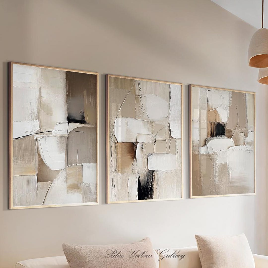 Neutral Abstract Gallery Wall Set of 3 Prints, Beige Black Minimalist ...
