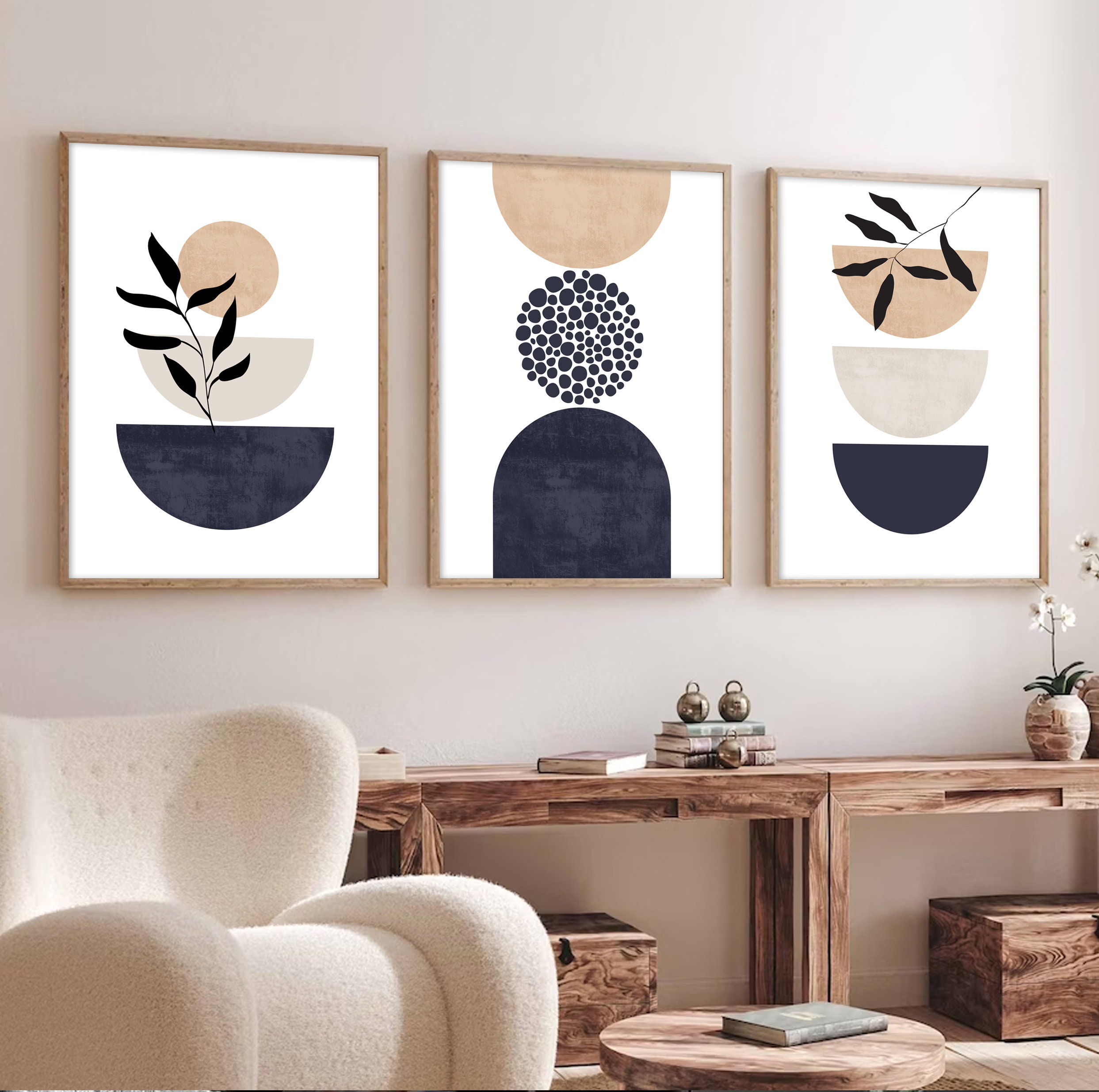 Printable Navy Blue Beige Mid Century Modern Wall Art Set of 3 - Etsy
