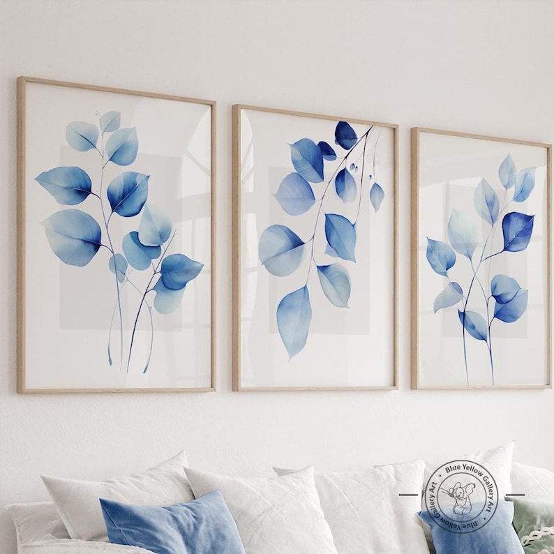 Navy Blue Leaves Printable Art Set of 3. Modern Abstract Botanical ...