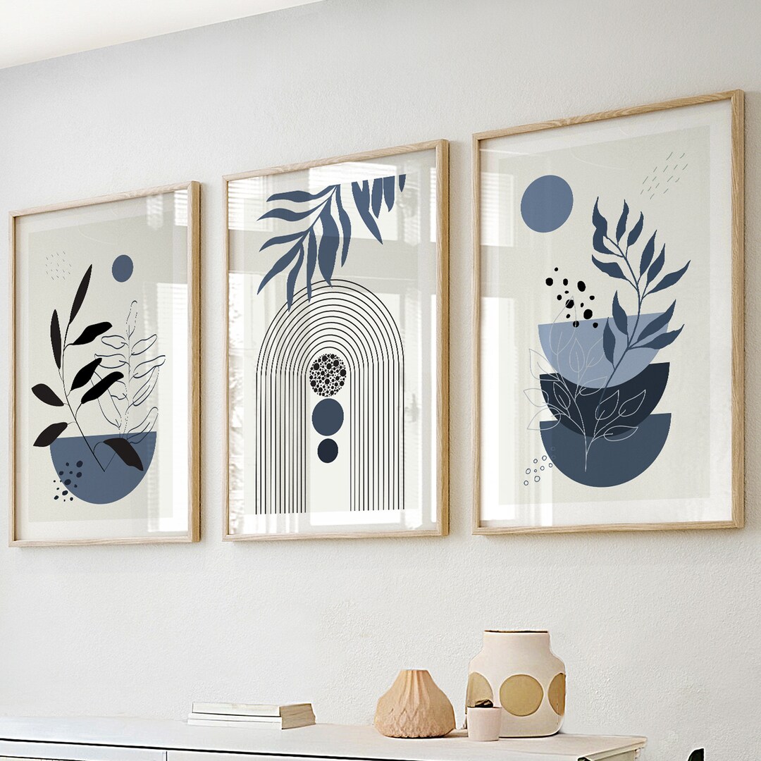 Navy Blue Mid Century Modern Wall Art Set of 3 Print. Bohemian - Etsy