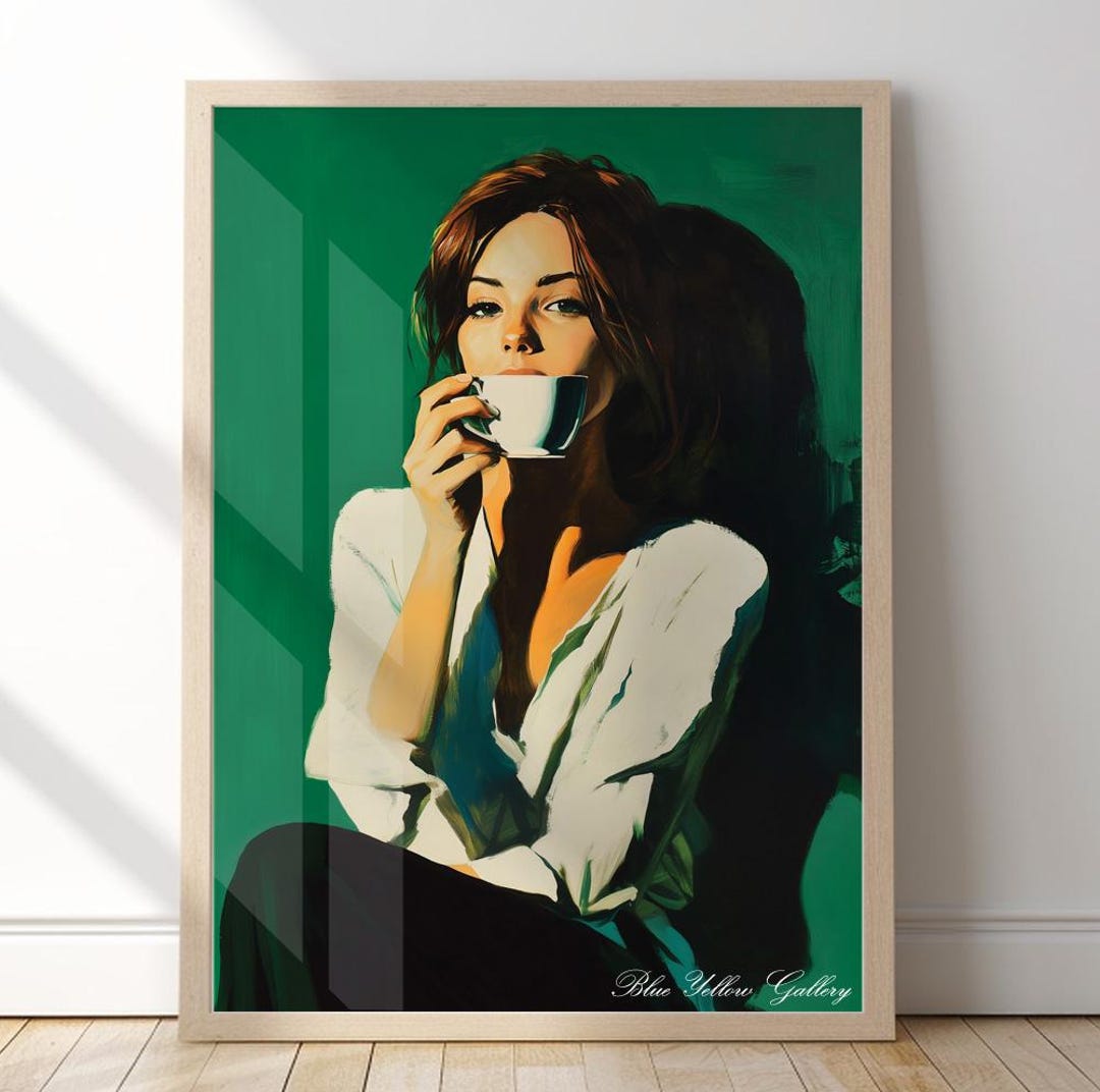 Emerald Green Abstract Woman With Coffee Wall Art, Minimal Female ...