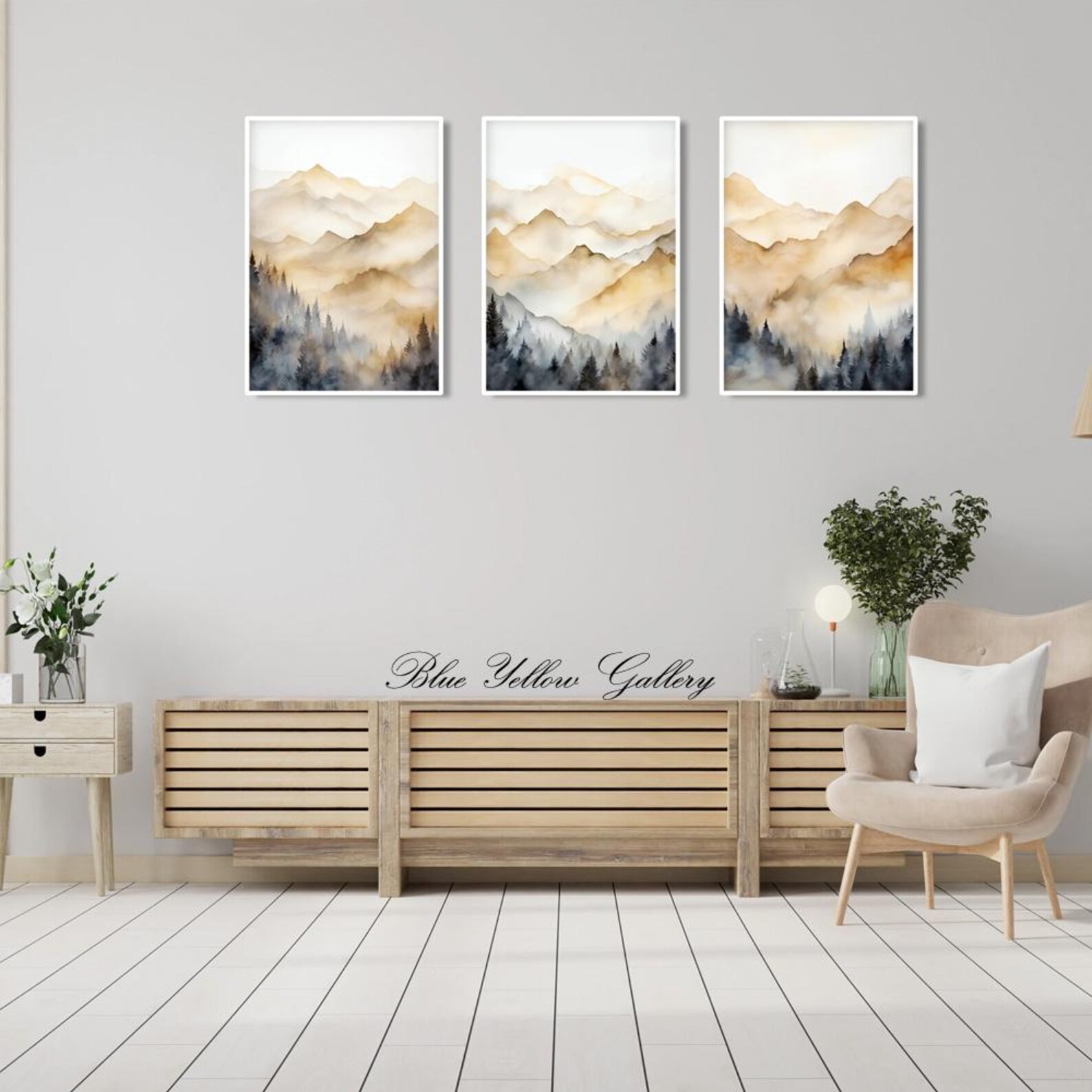 Neutral Beige Abstract Mountains Print Set of 3. Mid Century Modern ...