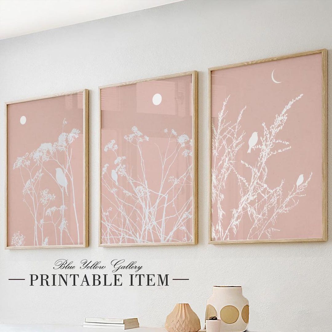 Pastel Pink Botanical Farmhouse Wall Art Set of 3 Printable Art. Modern ...
