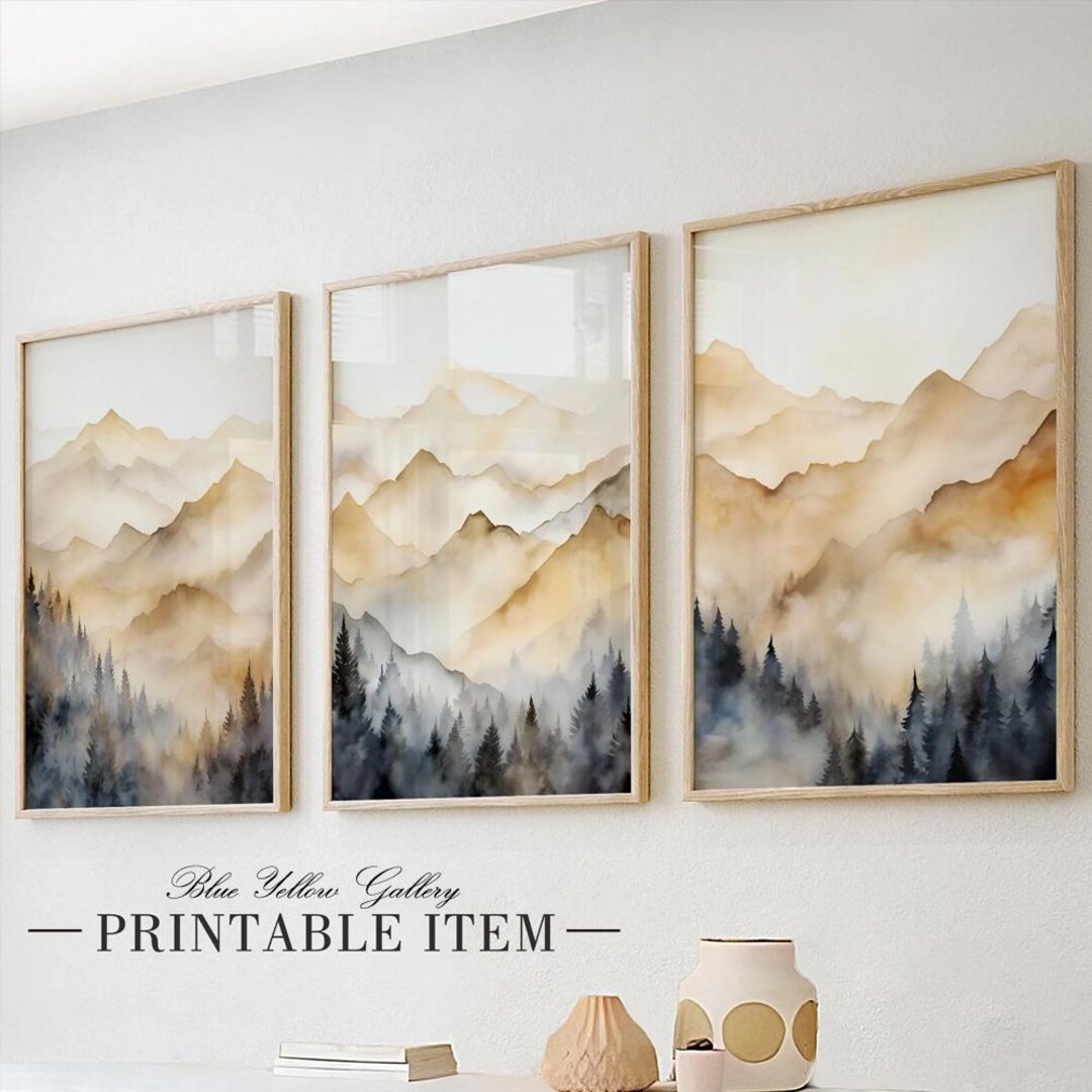 Neutral Beige Abstract Mountains Print Set of 3. Mid Century Modern ...