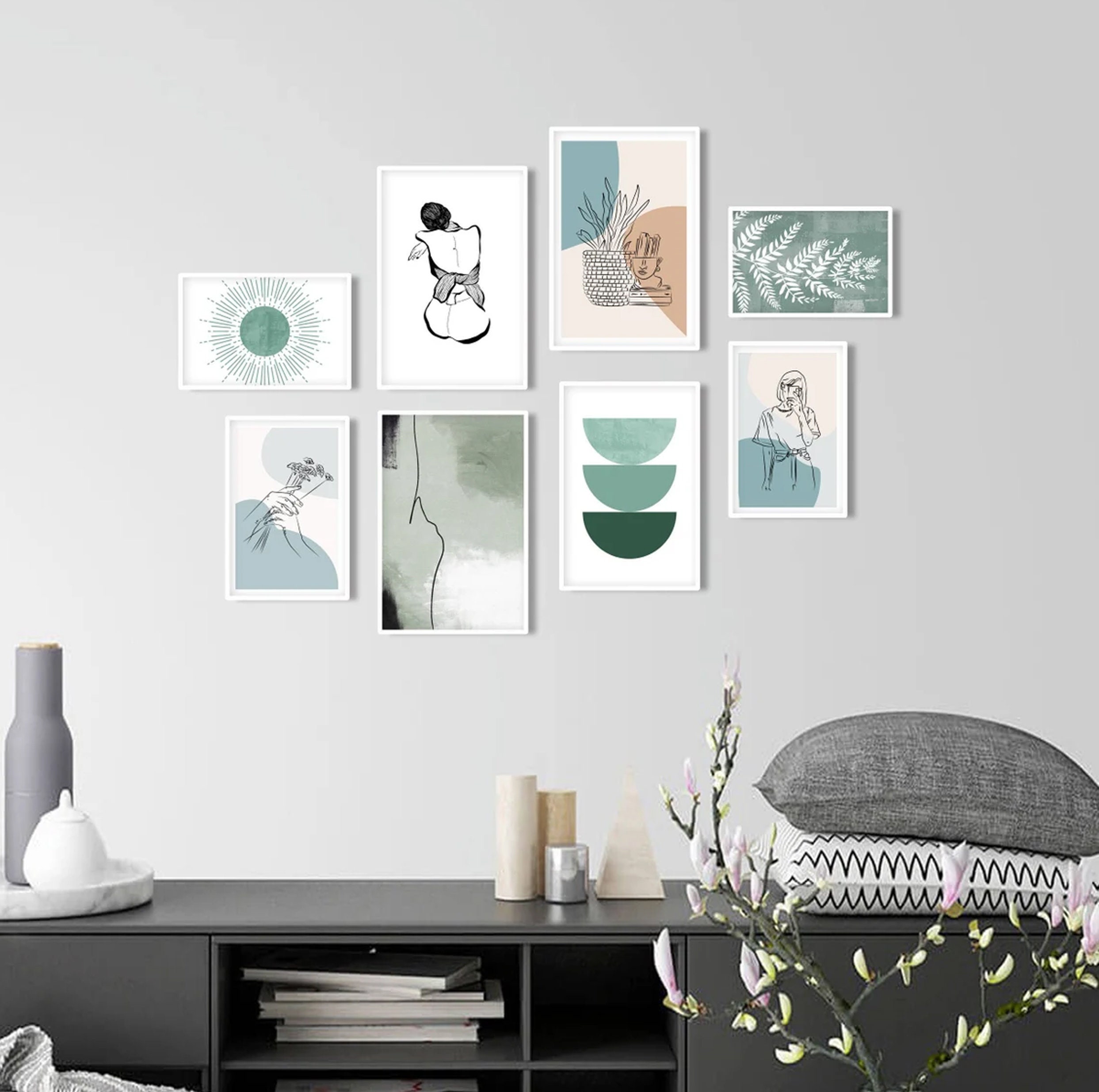 Neutral Boho Sage Green Blue Set of 8 Digital Prints. Pastel - Etsy