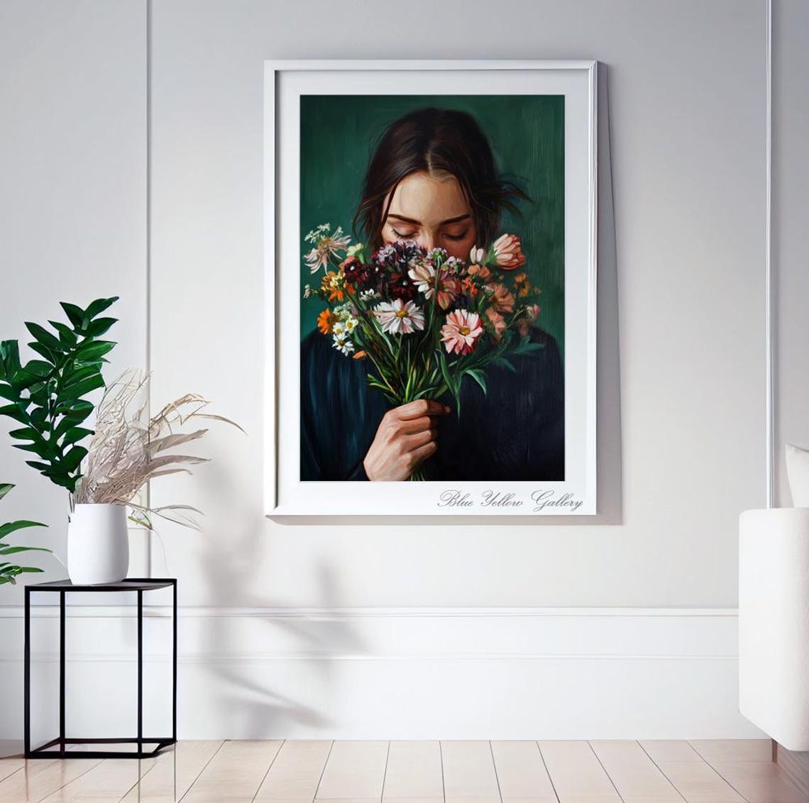 Emerald Green Abstract Female Portrait Print. Woman With Flowers ...