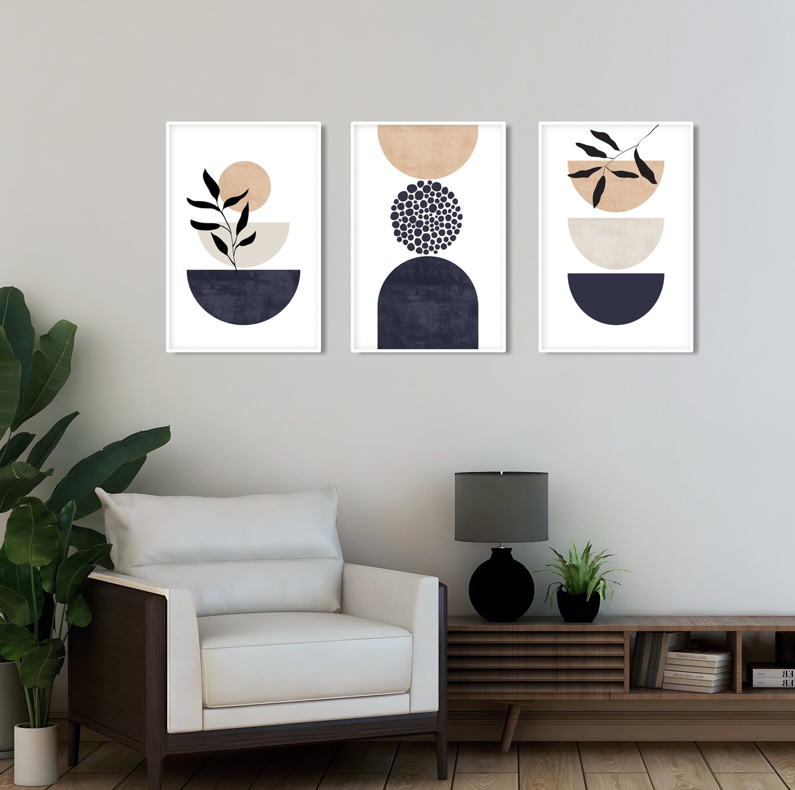 Printable Navy Blue Beige Mid Century Modern Wall Art Set of 3 - Etsy