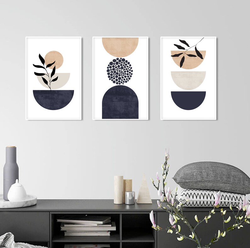 Printable Navy Blue Beige Mid Century Modern Wall Art Set of 3 - Etsy