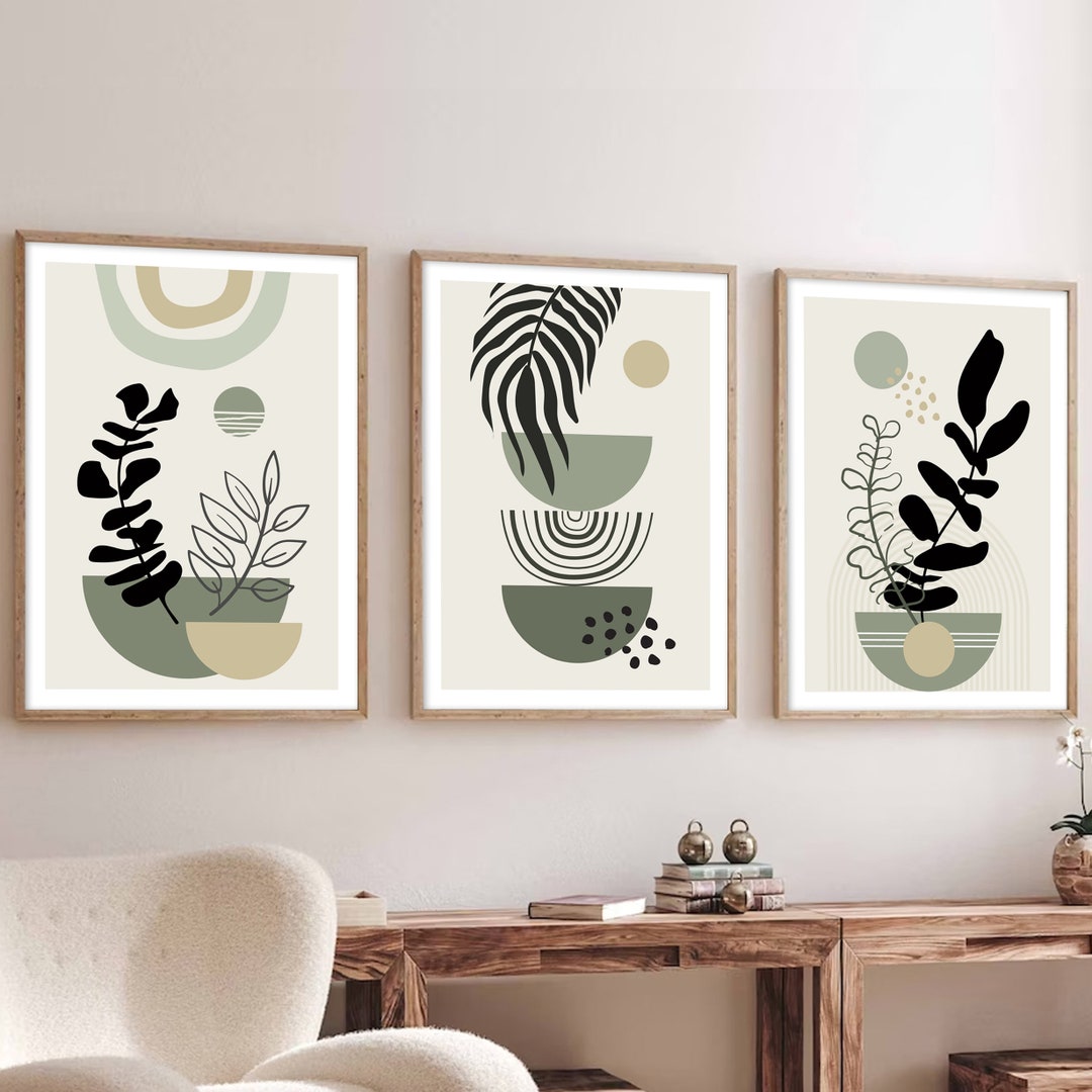 Set of 3 Sage Green Mid Century Modern Wall Art. Printable Bohemian ...