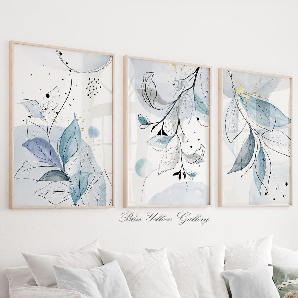 Navy Blue Watercolor Botanical Nordic Printable Art Set of 3. Indigo ...