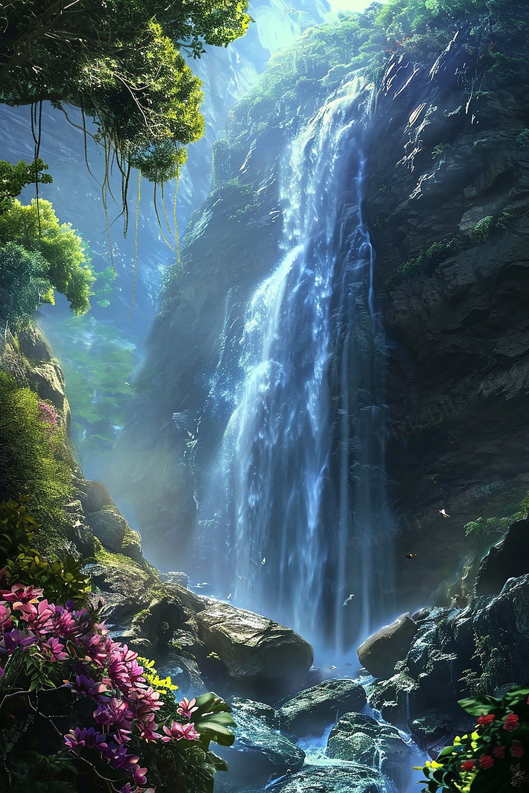Magical Waterfall Portrait Digital Background, Waterfall Landscape Art ...