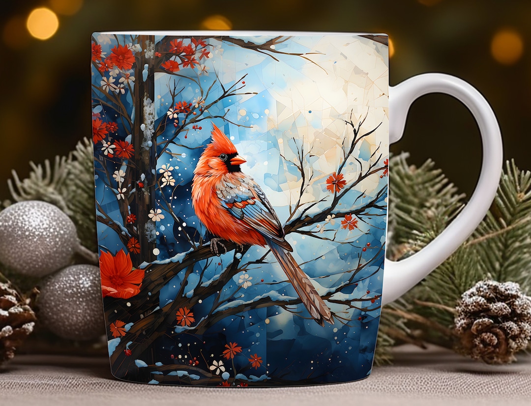Red Cardinal Bird Christmas Mug Wrap, Winter Cardinal Mug Sublimation ...