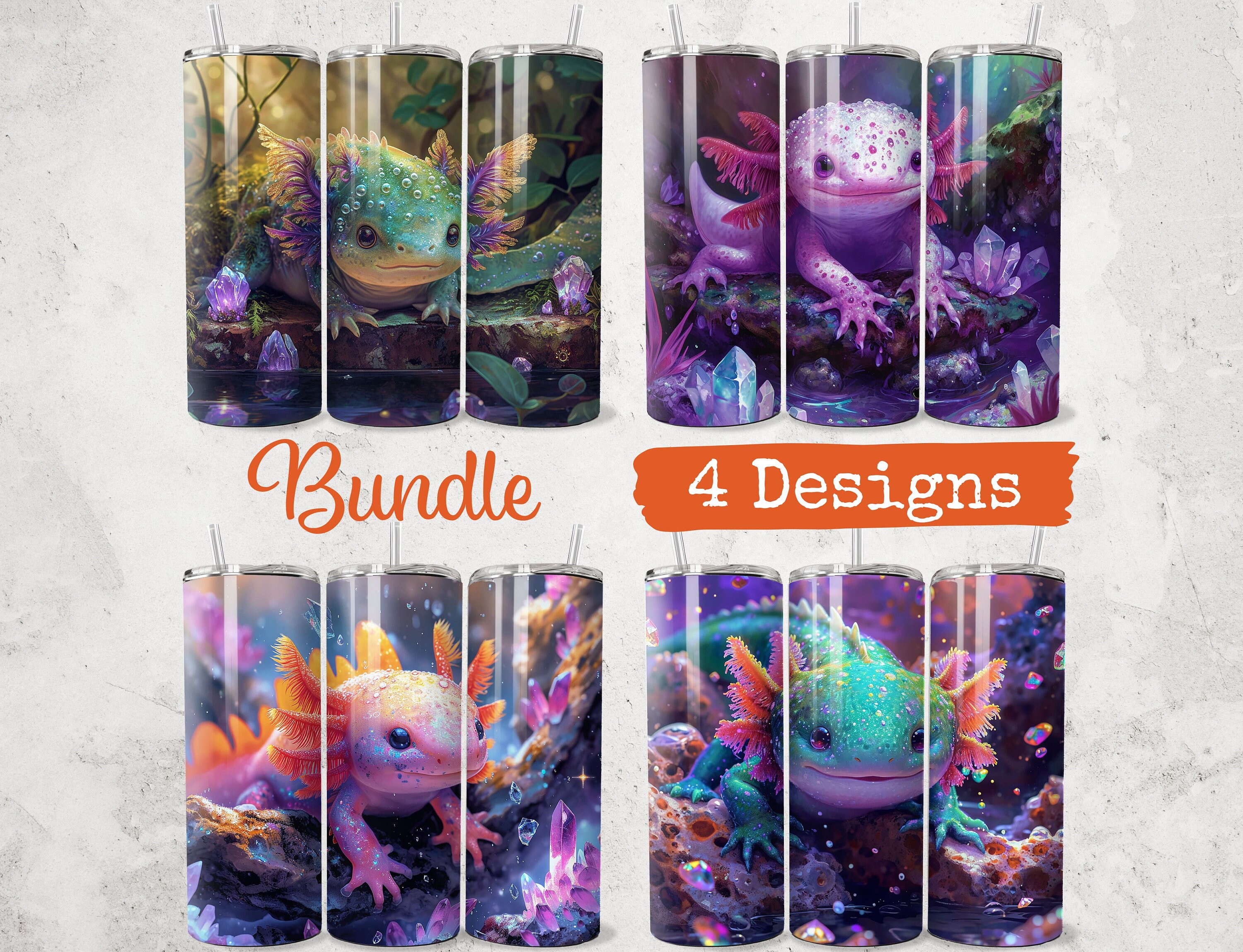 Axolotl Tumbler Wrap Bundle, 3D Axolotl Sublimation PNG, Cute Axolotl ...