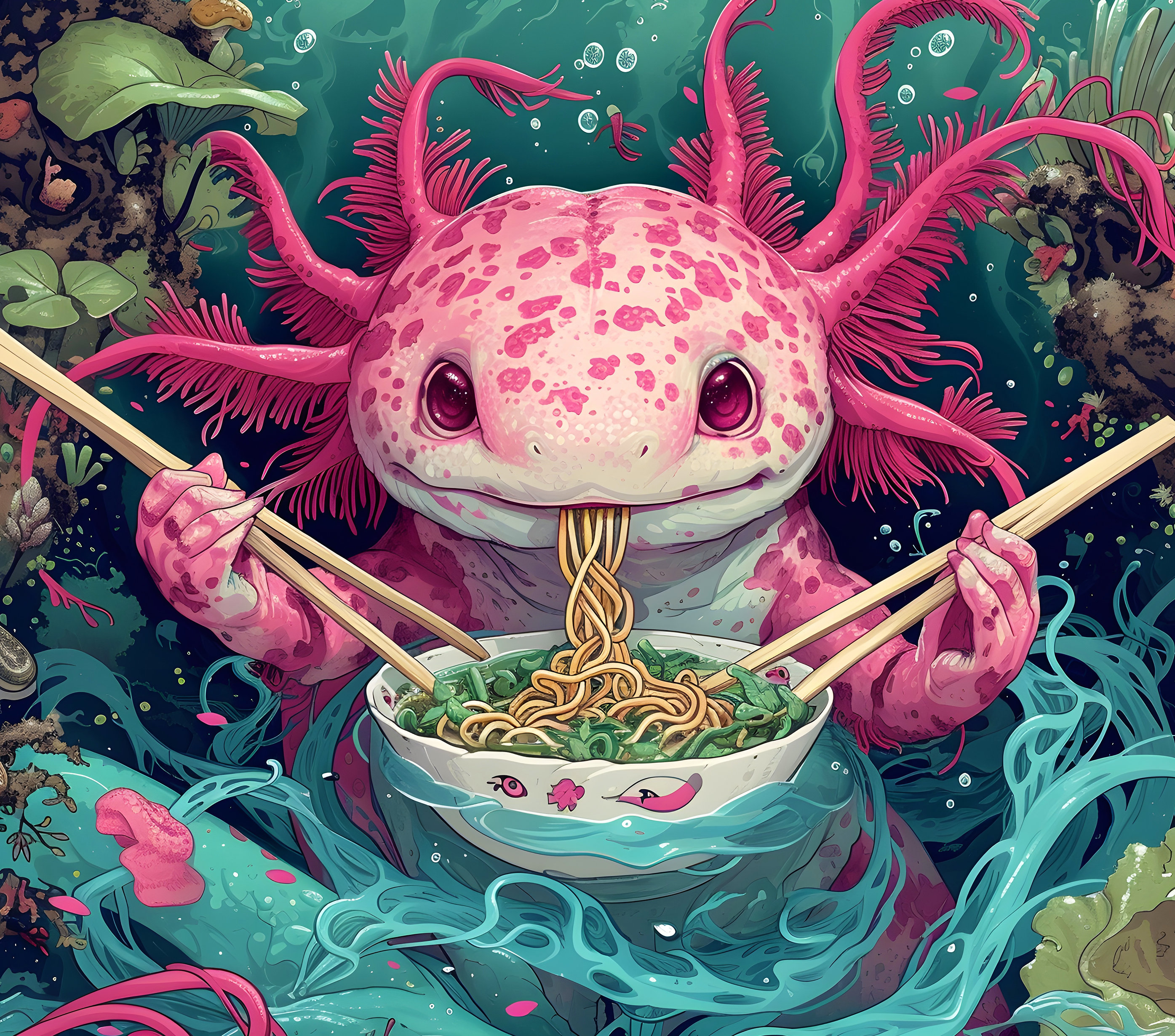 Axolotl Eating Ramen, Axolotl PNG, Kawaii Axolotl Art Gift Decor Print ...