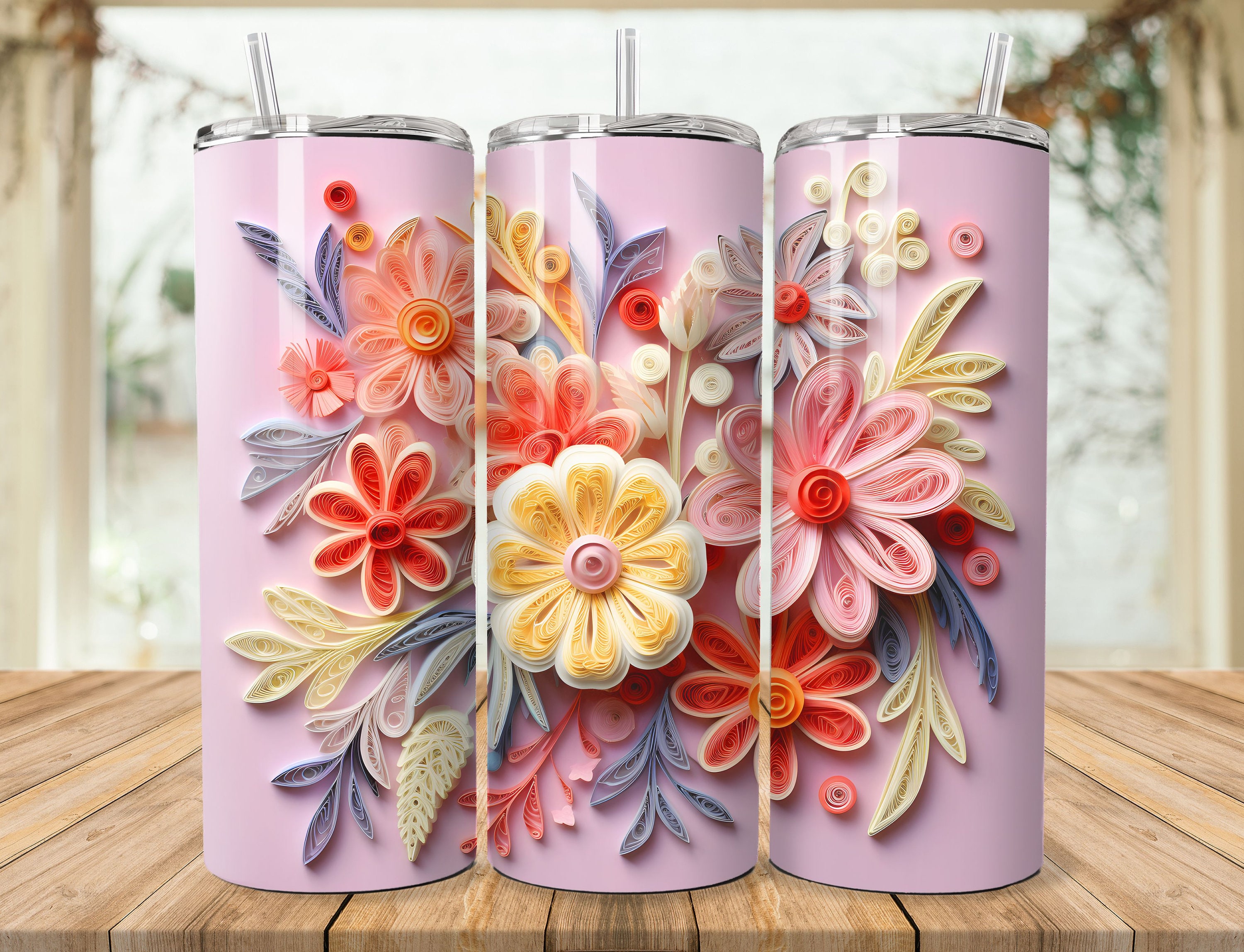3d Pink Teal Floral Tumbler Sublimation Design 20 Oz Skinny Straight And Tapered Tumbler Wrap