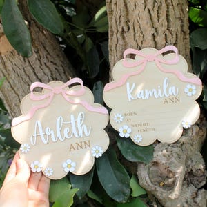 Birth Flower Baby Name Sign: Engraved Wood, Pink Bow Decor - Etsy