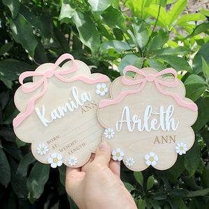 Birth Flower Baby Name Sign: Engraved Wood, Pink Bow Decor - Etsy