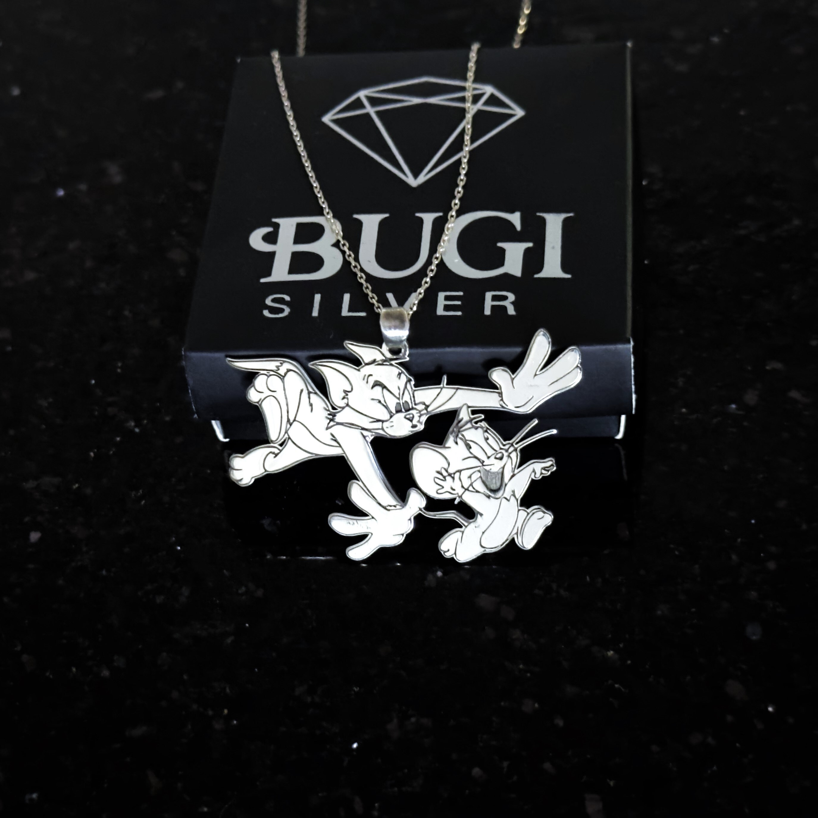 Handmade Silver Tom and Jerry Necklace, Cartoon Pendant, Cat Tom and ...
