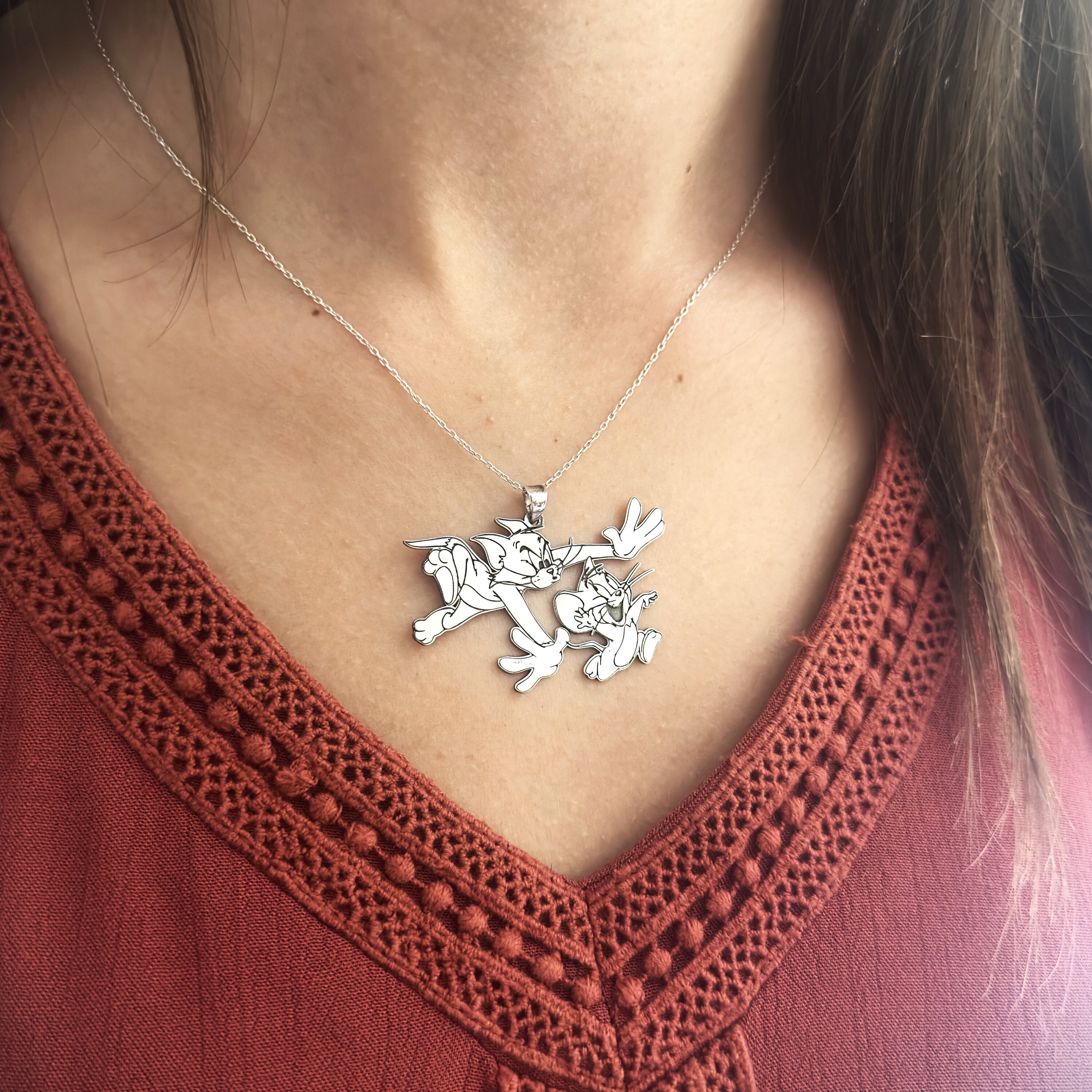 Handmade Silver Tom and Jerry Necklace, Cartoon Pendant, Cat Tom and ...